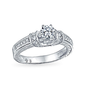 Personalize Vintage Art Deco Style 1CT Brilliant Round Solitaire U Set 6 Prong AAA CZ Engagement Ring For Women With Intricate Heirloom Filigree Details on Sides Of Pave Band .925 Sterling Silver