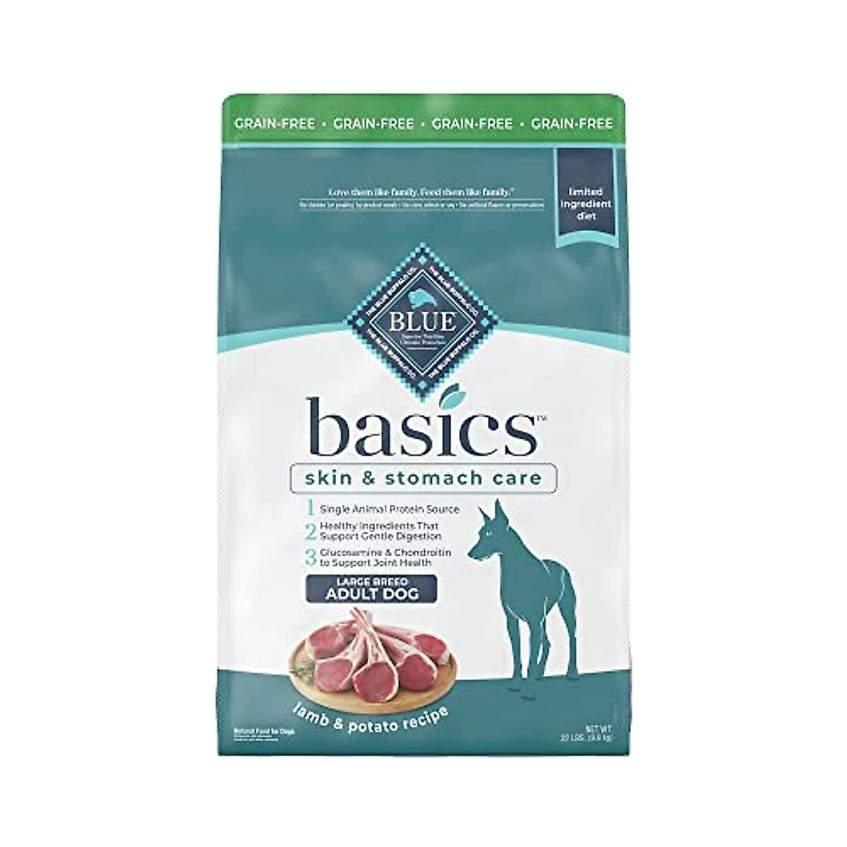 Blue Buffalo Basics Skin & Stomach Care, Grain Free Natural Adult Large Breed Dry Dog Food, Lamb & Potato 22-lb