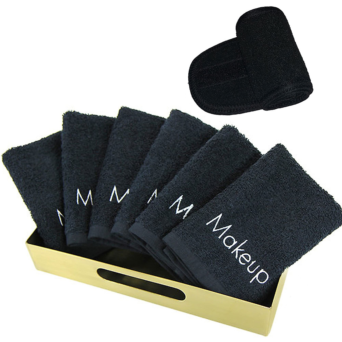 Makeup Remover Face Towels 6pack - 13" x 13" Black Turkish Cotton Washcloths with Makeup Headband - Super Soft Makeup Remover Cloths Perfect Holiday Gift