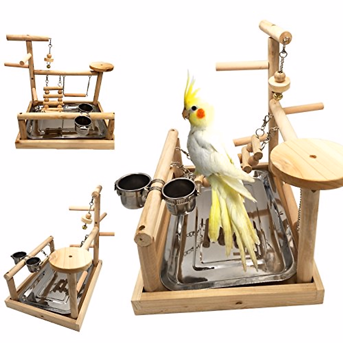 Borangs Parrots Playstand Bird Playground Wood Perch Gym Stand Playpen Bird Ladders Exercise Playgym with Feeder Cups for Parakeet Conure Cockatiel Lorikeet Budgie Cage Accessories Exercise Toy