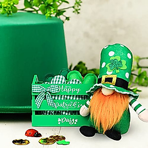 St Patricks Day Decorations for Home, Green Wooden Crate with Irish Plush Gnome & 3 Clover Pillows, Happy St Patrick‘s Day Table Centerpiece, Shamrock Tiered Tray Decor Table Mantle Shelf Irish Gifts
