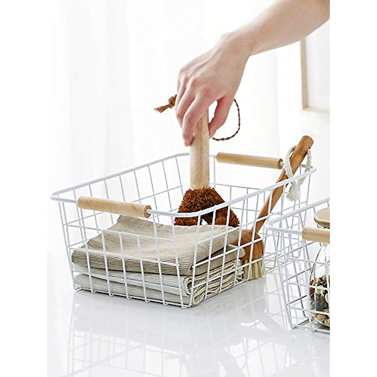 LeleCAT Wire White Baskets with Handles Wire Storage Organizer Baskets For Kitchen, Household Refrigerator for Cabinets, Pantry, Closets, Bedrooms - Set of 4(White)