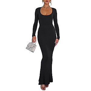 REORIA Womens Sexy Casual Scoop Square Neck Long Sleeve Soft Lounge Long Dress Fall Wedding Guest Elegant Ribbed Bodycon Maxi Dresses Black Small