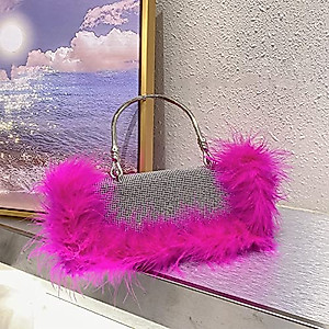 Feather Silver Purse Rhinestone Bag Clutch Evening Bags Diamond Glitter Purses for Women Sparkly Bling Handbag Wedding (hot pink)