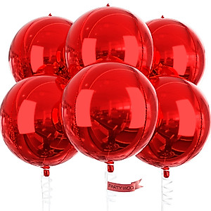 PartyWoo Red Balloons, 6 pcs Red Birthday Decorations, 22 inch Giant 4D Foil Balloons and Ribbon, Large Mylar Balloons, Metallic Red Balloons for Bachelorette Party, Bridal Shower