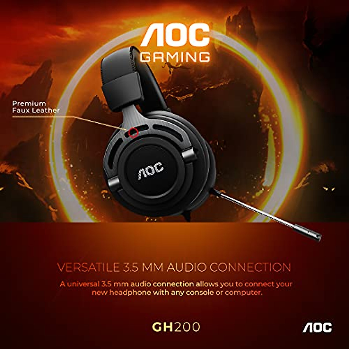 AOC Gaming GH200 Wired Gaming Headset with 2.0 Stereo Sound, Built-in Detachable Microphone, Premium Protein Leather, Integrated Control Panel and 3.5 mm Cable Connection