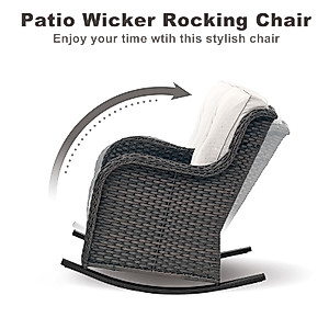 Rilyson Patio Chairs Outdoor Rocking Chair - 3 Piece Wicker Patio Bistro Set Rattan Patio Furniture Rocker Chairs and Side Table for Porch Deck Backyard Garden(Brown/Beige)