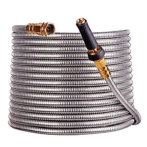 SCRIPTRACT 100’304 Stainless Steel Garden Hose with Free Removable Brass Nozzle Lightweight Metal Hose - Portable Durable and Resistant to Knots, Tangles and Punctures (100)