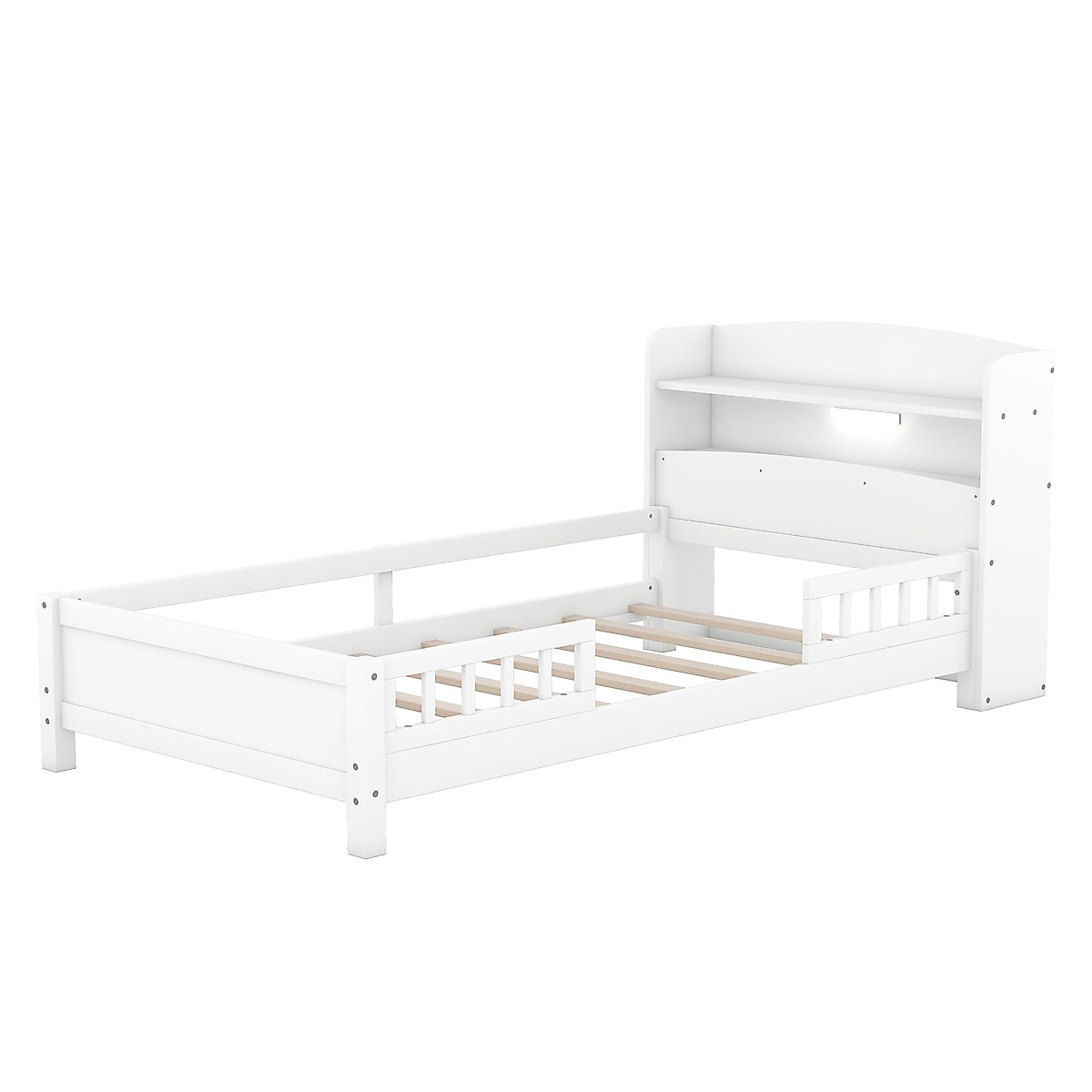 BestLM Wood Twin Size Platform Bed with Built-in LED Light, Storage Headboard and Safety Guardrail for Kids Teens Boys Girls, No Box Spring Needed, White