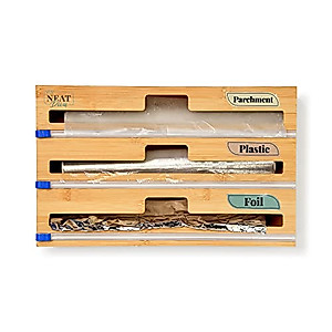 Neat Diva 12" Bamboo Foil Plastic Wrap Organizer Cutter, Plastic Wrap Dispenser Cutter, Tin Foil Organizer Drawer, Bamboo Aluminum Foil Dispenser Cutter, Kitchen Organizer Foil Plastic Wrap (3-in-1)