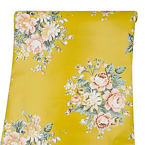 Yifely Vintage Peony Floral Shelving Paper Dark Yellow Peel & Stick Shelf Liner Dresser Drawer Sticker 17.7 Inch by 9.8 Feet