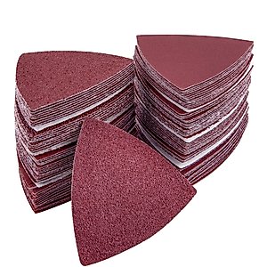 AUSTOR 100 Pieces Triangle Sanding Pads Triangular Sandpaper Sanding Sheets Fit for 3-1/8 Inch Oscillating Multi Tool Hook and Loop Assorted 40/60/80/120/180/240/320/400/600/800/1000 Grits, No Holes