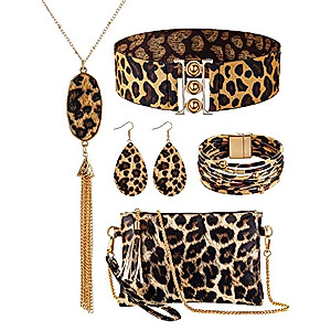 Junkin 6 Pcs Leopard Jewelry Gift Set for Women, Earrings Bracelets Multilayer Leather Cuff Clutch Purse Stretch Belt for Party Event(Leopard,Yellow, Black)