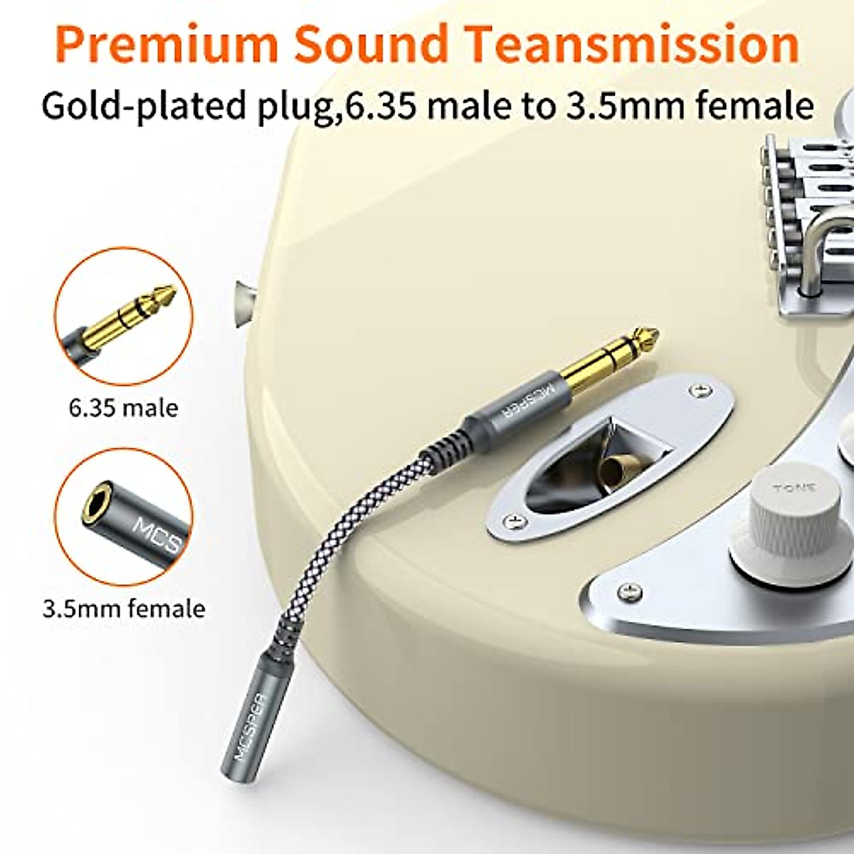 6.35mm 1/4 to 3.5mm 1/8 Adapter Cable, 3-Pack TRS 6.35mm Male to 3.5mm Female Stereo Jack Aux Audio Adapter for Amplifiers, Guitar, Keyboard Piano, Laptop, Home Theater, Phone, Headphone (0.5FT)