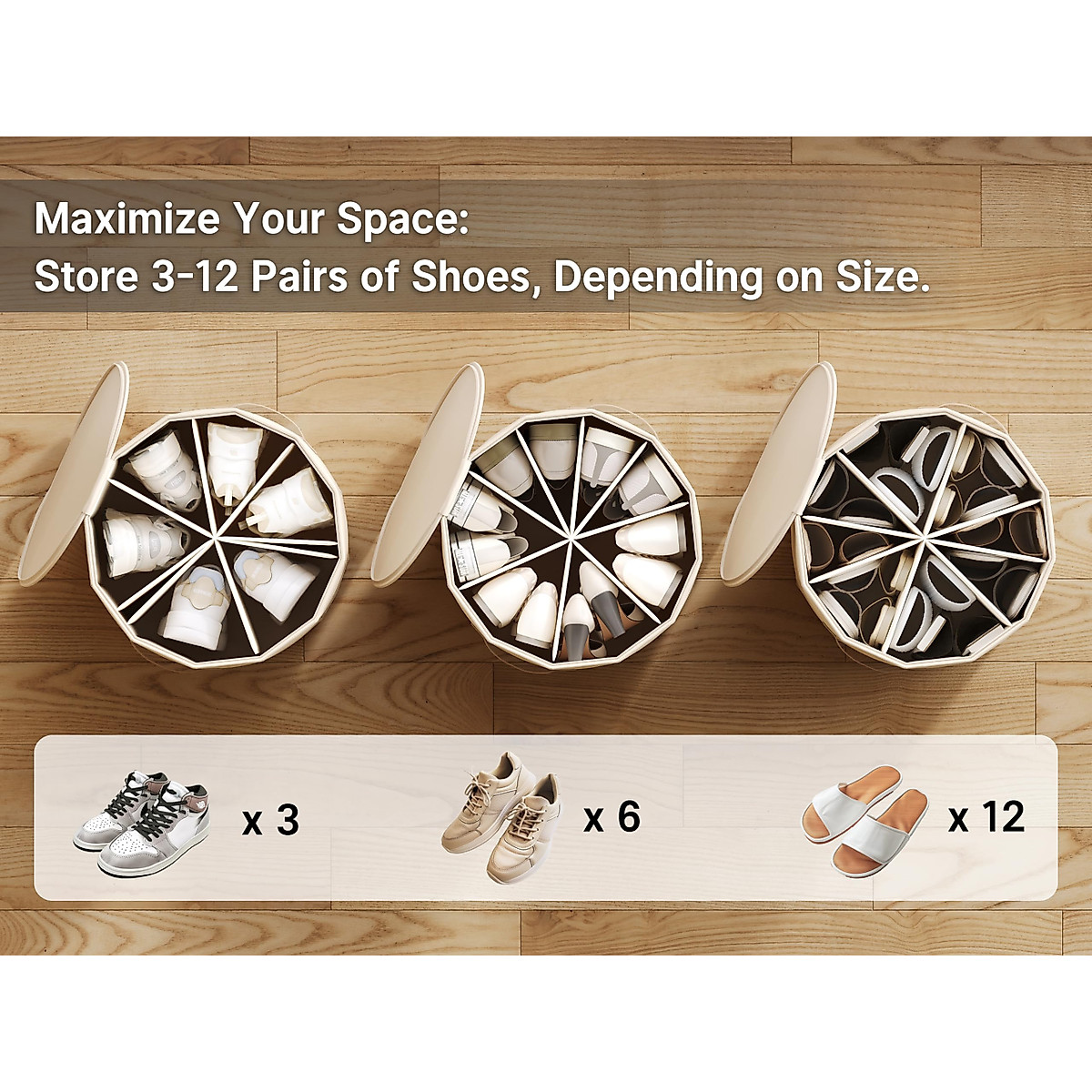 Vailando Shoe Organizer for Closet - Cylindrical Shoe Storage Organizer with Adjustable Dividers for Closet, Foldable, Beige, 1-Pack