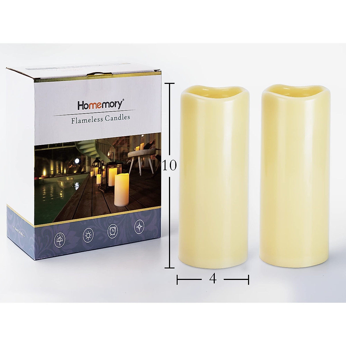 Homemory 4" x 10" Large Waterproof Outdoor Flameless Candles, Battery Operated LED Pillar Candles with Remote and Timers for Indoor Outdoor Lanterns, Long Lasting, Dark Ivory, Set of 2