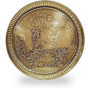 Craftsman 10 Inch Pure Brass Nakshi Flower Design Embossed Aarti Puja Nakashi Thali Platter Prasad Chandan Karwachauth Diwali Indian Festival Hindu Rituals Mandir Temple Pooja Plate