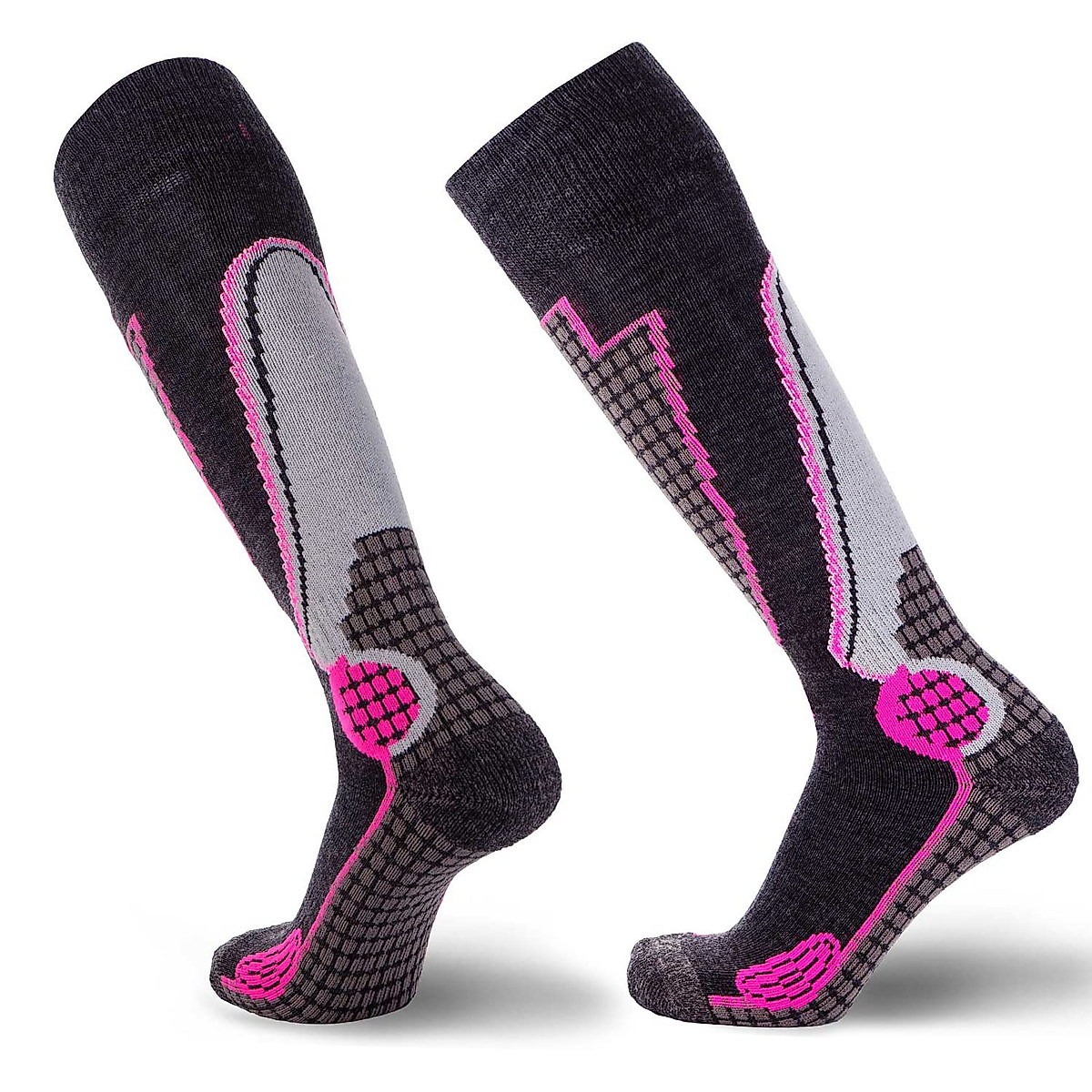 Pure Athlete High Performance Wool Ski Socks - Thermal Warm Merino Wool OTC Sock, Men Women (1 Pair - Black/Grey/Neon Pink, Medium)