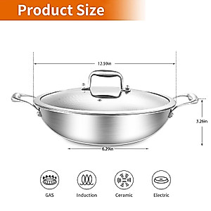 DELARLO Wok Pan With Lid 12 Inch, Oven Safe Up to 600℉,Woks & Stir-Fry Pans Nonstick,Tri-Ply Stainless Steel Wok, Non Stick Wok, 5QT Nonstick Deep Frying Pan, Induction Saute Pan With Lid