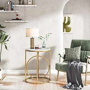 Tribesigns Round Gold End Table - Set of 2, Faux Marble Side Table w/O-Shaped Metal Base, 20" Wide Tabletop, White and Gold Accent Table Small Round Nightstand for Living Room, Bedroom, Small Spaces