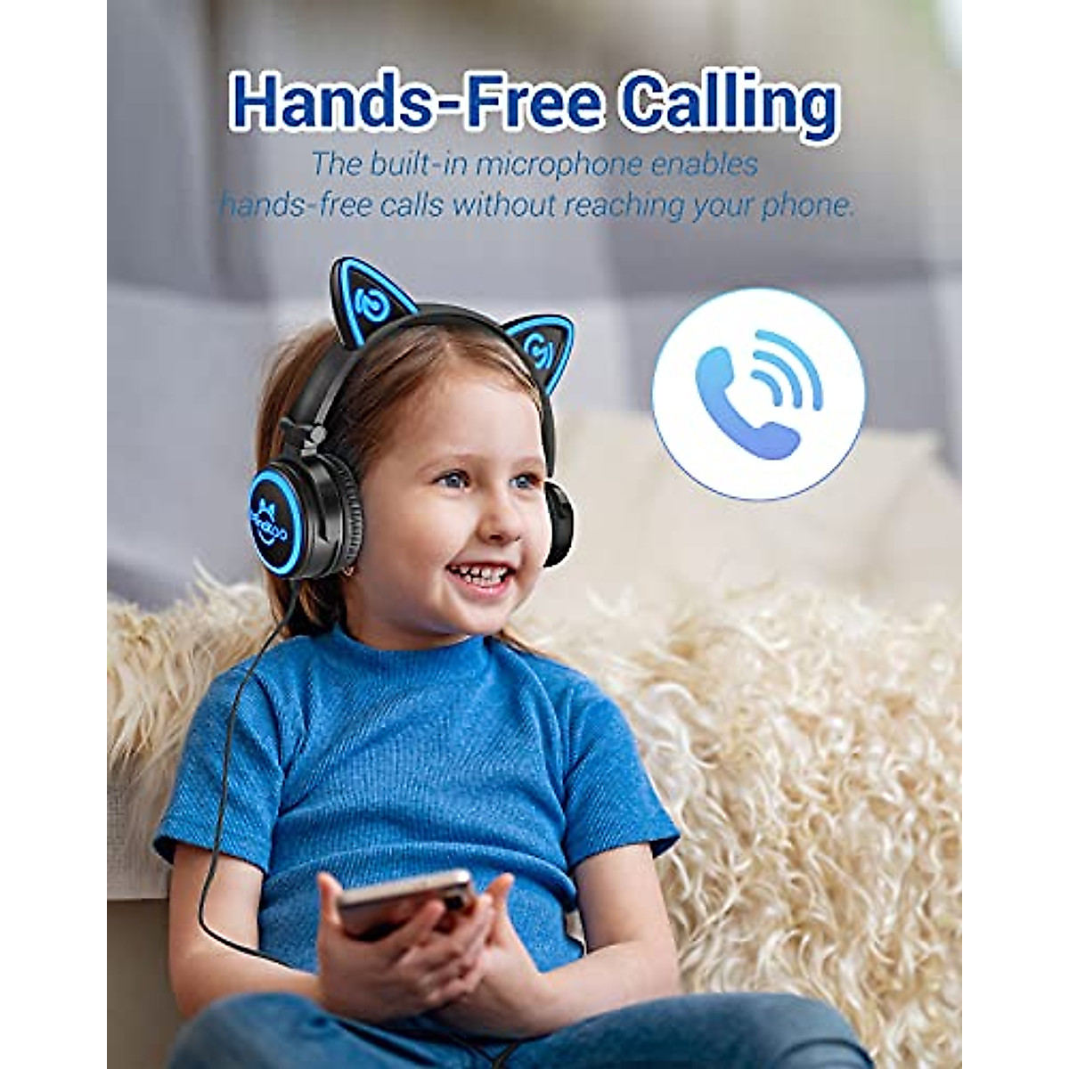 MindKoo Cat Ear Bluetooth Headphones with Microphone, LED Light Up Over Ear Headphones, Volume Control and Foldable Headset for Tablet/PC/iPad/Cell Phones, Gift for Kids Boys & Girls