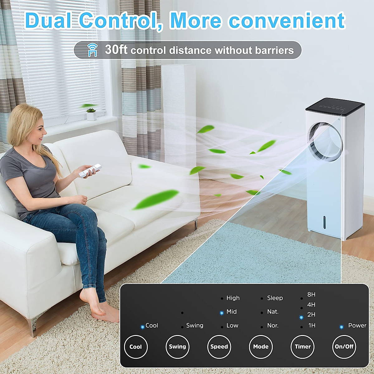 Portable Air Conditioners, 3-in-1 Bladeless Evaporative Air Cooler, 3 Speeds 3 Modes Personal AC Cooling Oscillating Tower Fan, Remote Control Evap Cooler Fan with Timer, Windowless Portable AC for Room