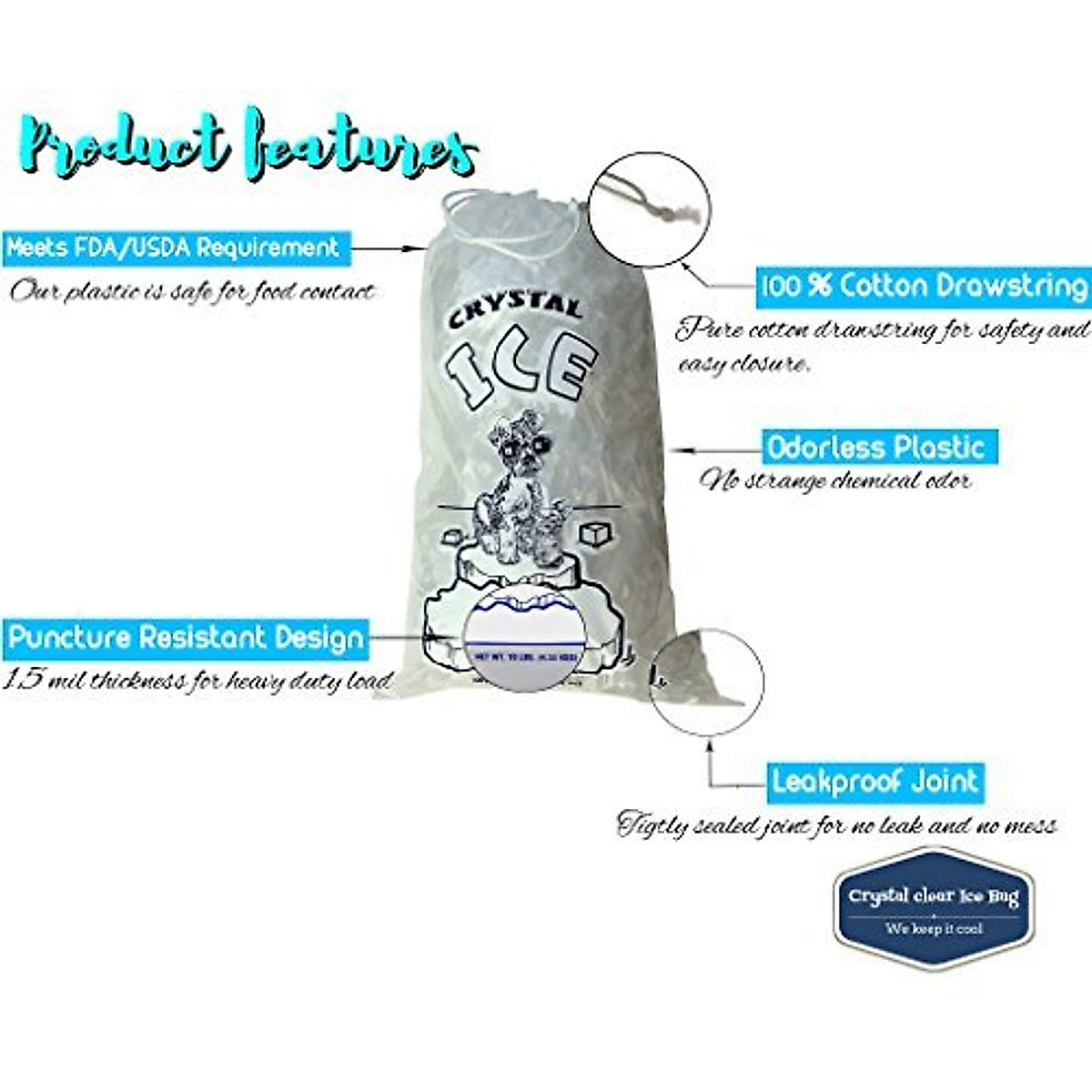 Crystal Clear Plastic Ice Bags with Cotton Draw String, 10 lb., Pack of 100