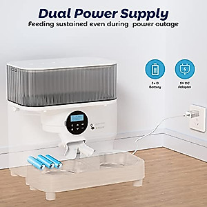 Sobralik Elevated Automatic Cat Feeder for Two Cats, 5L Dry Food Dispenser with Splitter and Two Stainless Bowls, 4 Meal Per Day and Portion Control, 10s Voice Recorder, Dual Power Supply