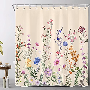 LB Farmhouse Floral Shower Curtain for Bathroom,Nature Colorful Wildflower and Green Botanical on Beige Fabric Shower Curtain with Hooks,Spring Country Theme Bathroom Curtains Shower Set, 72x78 inches