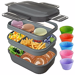 CocoMeiwei Bento Box Adult Lunch Box, Bento Lunch Box with 5 Silicone Cupcake Liners, Leak-proof Bento Lunch Box Containers 3 Tiers 50oz, 6compartments Large Capacity for Working Grey
