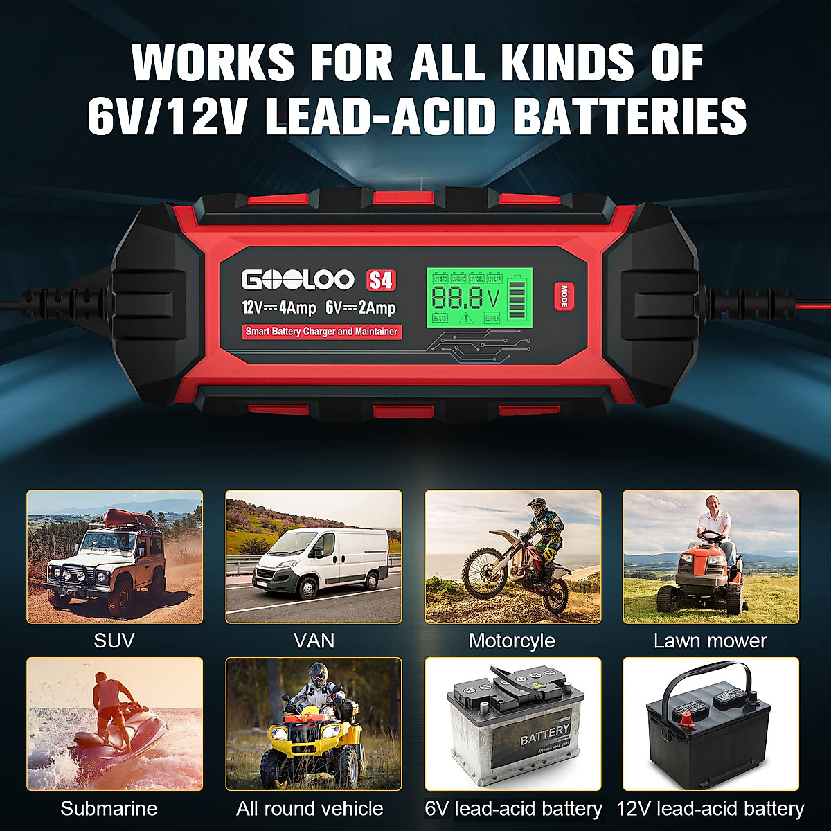 GOOLOO S4 4 Amp Car Battery Charger Automotive, 6V/2A 12V/4A Smart Trickle Charger Maintainer with Supply Mode, Automatic Motorcycle Battery Charger for Truck Lawn Mower RV Boat Lead-Acid Battery