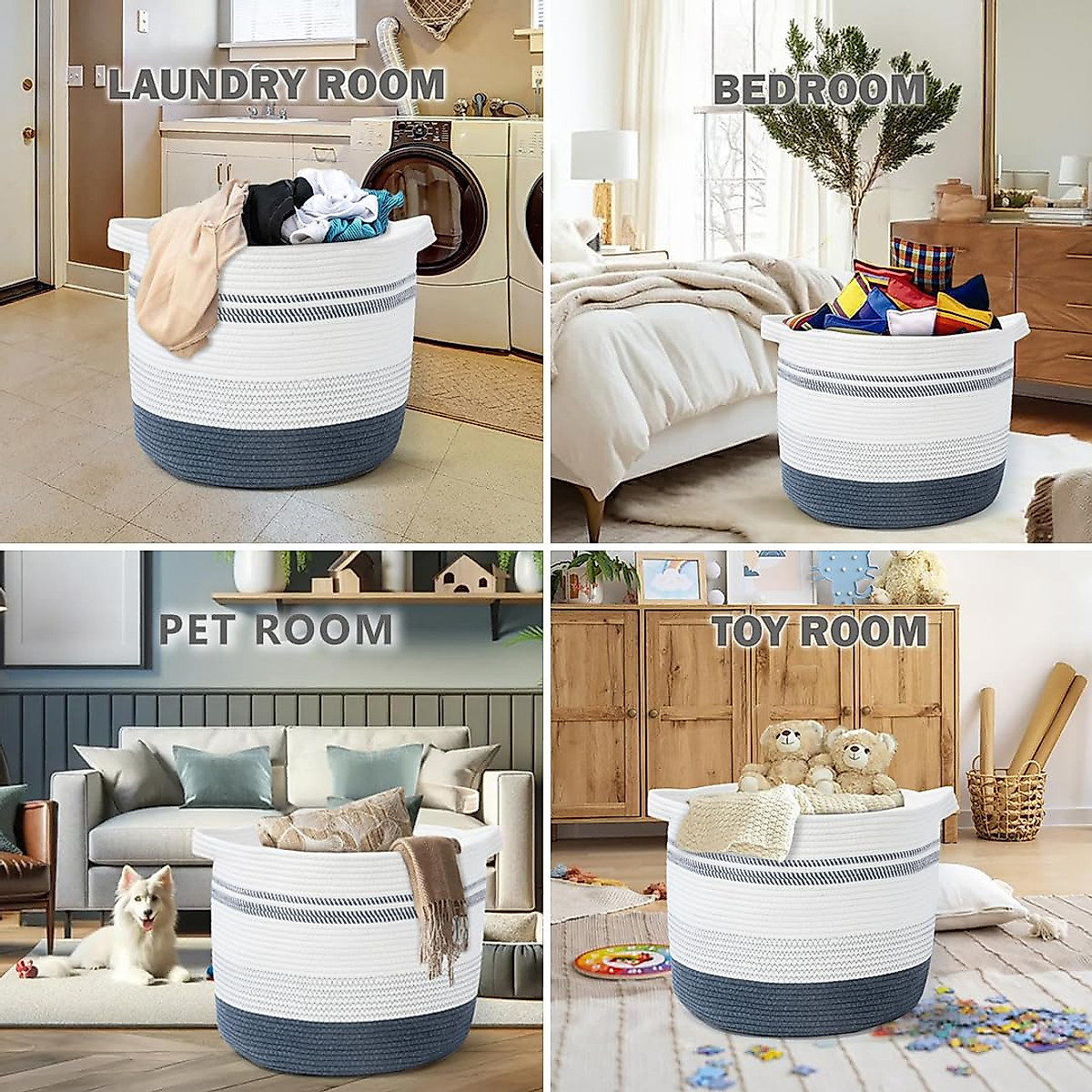 Homify Blanket Basket 100% Cotton Rope Woven Baskets for Storage 22"x14" 90L XXX-Large Laundry Basket with Soft Handle Rope Basket for Living Room, Toy, Pillow & Clothes - Gray & White