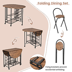 Giantex 3PCS Counter Height Table Set, Drop Leaf Dining Table & 2 Foldable Stools, Folding Table with Storage & 6 Wheels, Industrial Space Saving Bar Set for Kitchen Dining Room