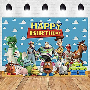 Toy Story Theme Happy Birthday Party Photography Backdrops Blue Sky White Clouds Indoor Banner 5x3ft Kids Birthday Party Photo Background Cake Table Decoration Supplies Studio Booth Props