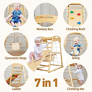 FUNLIO 7-in-1 Wood Indoor Playground for Toddlers 2-5, Montessori Climbing Toys with Solid Pine Wood, Indoor Jungle Gym for Kids with Swing/Slide/Climbing Rock/Net/Ladder/Monkey Bars/Gymnastic Rings