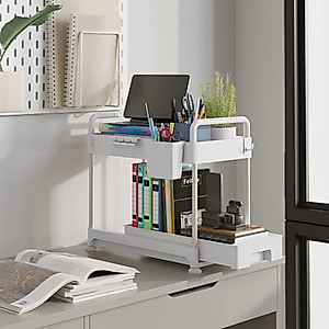 DAILOU Under Sink Organizers and Storage 2 Pack, Bathroom Cabinet Organizer with Sliding Drawers, 2 Tier Kitchen Under Cabinet Storage with Handles, Hooks and Hanging Cup (White)