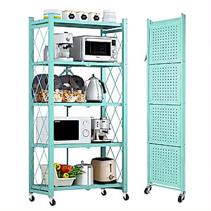 Track Seven 5-Tier Storage Shelving Unit w/Hooks and Wheels, 27.9"x13.4"x62.5", Standing Foldable Storage Rack, Metal, Kitchen, Garage, No Assemble Require (Blue)