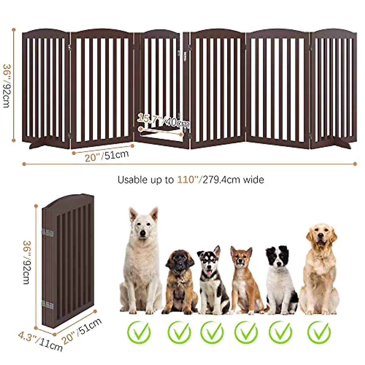 BHG No-Assembly Freestanding Dog Gate with Door, Extended Wide 120" Tall 36" Wooden Pet Gate, Accordion Folding Playpen Fence, 2PCS Support Feet Included, for The House - Espresso