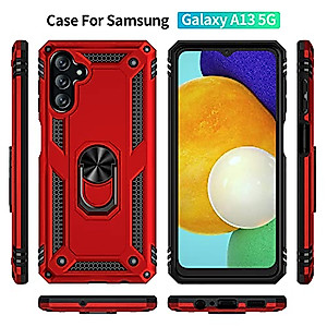 YZOK for Galaxy A13 5G Case,with HD Screen Protector,[Military Grade] Ring Car Mount Kickstand Hybrid Hard PC Soft TPU Shockproof Protective Case for Samsung Galaxy A13 5G (Red)