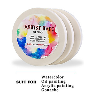Artist Tape for Drafting Art, Neeho 3 Pack Acid-Free White Masking Tape for Watercolor Painting Canvas Framing, 0.6inch Wide 540FT Long Total