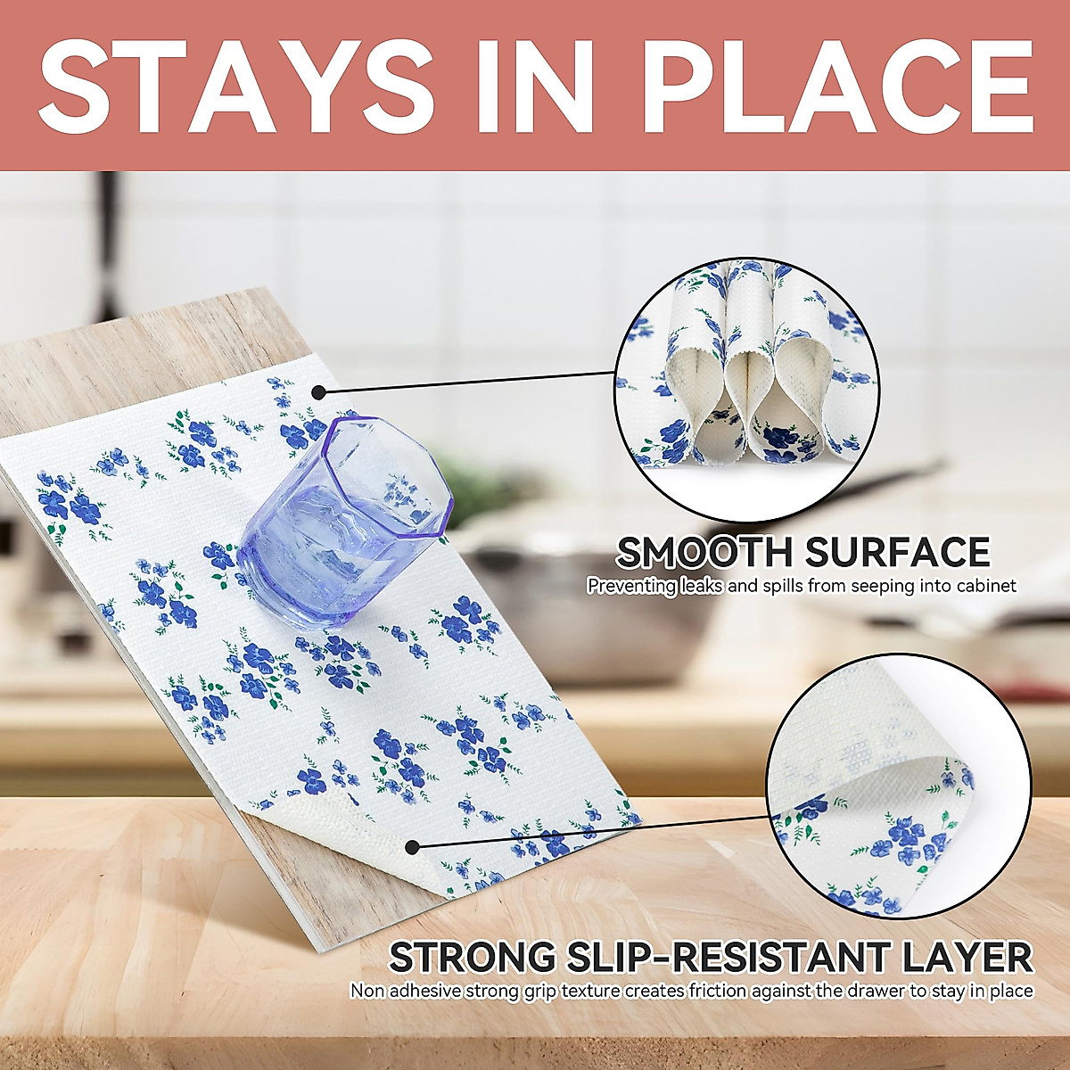 RAY STAR Shelf Liner, 18 Inch x 8 Feet Non Adhesive Blue Floral Kitchen Cabinet Liner for Pantry Drawer Vanity, Strong Grip Non Slip Waterproof, Shelf Liners for Kitchen Cabinets Cupboard