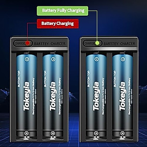 Tokeyla 2 Bay 18650 Rechargeable Battery Charger,Universal Charger for Flashlight Headlamp 3.7Volt Lithium ion Batteries(4Pcs Button Top Ba￵￵tt￵er￵￵y+Charger)