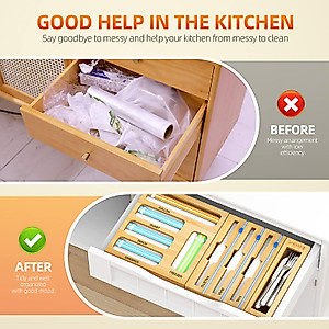 9 IN 1 Storage Bag Organizer for Kitchen Drawer, Bamboo Foil and Plastic Wrap with Cutter, Kitchen Organizers and Storage, Compatible with Gallon, Quart, Sandwich and Snack Variety Size Bag