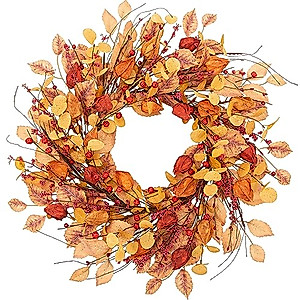VGIA 18 Inch Fall Wreath Fall Leaves Wreath Autumn Wreath for Front Door Artificial Autumn Wreath with Cape Gooseberries and Berries Fall Decorations with Fall Plants for Home Wall and Window