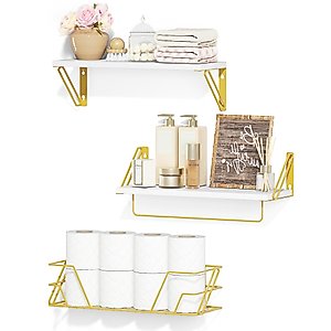 SRIWATANA 2+1 Floating Shelves for Wall, Bathroom Shelves Over Toilet with Metal Bar, Wall Shelves with Storage Wire Basket, Wood Shelves for Bedroom, Living Room, Kitchen (White & Gold)