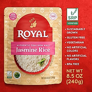 Royal Authentic Thai Hom Mali White Jasmine Rice - Microwave Rice - Dinner Side Dish - (4 Pack) 8.5 oz Pouch