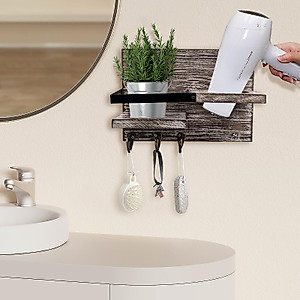 Farmhouse Bathroom Wall Mount Hair Dryer Holder with 3 Hooks for Towel or Headband, Small Wood Makeup, Toiletries Organizer Shelves, Rustic Wooden Beauty Hair Appliance Holder for Bathroom Supplies