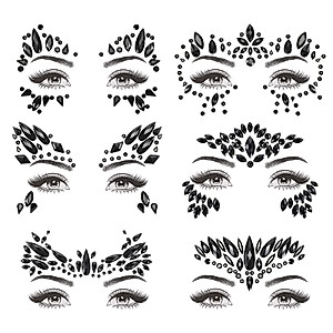 6 Sheets Face Gems Temporary Stick on Black Face Rhinestones Jewels for Women Party Gift for Kids Costume Temporary (Stylish Style)