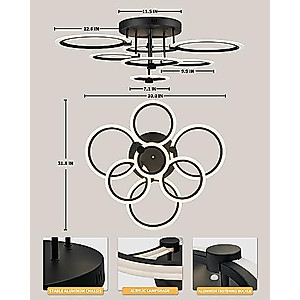 SEABLE Modern LED Ceiling Light 7 Rings Dimmable Ceiling Light Fixtures with Remote Black Close to Ceiling Light 31.8" 130W 3000K-6500K Flush Mount Ceiling Lamp for Living Room,Bedroom,Kitchen
