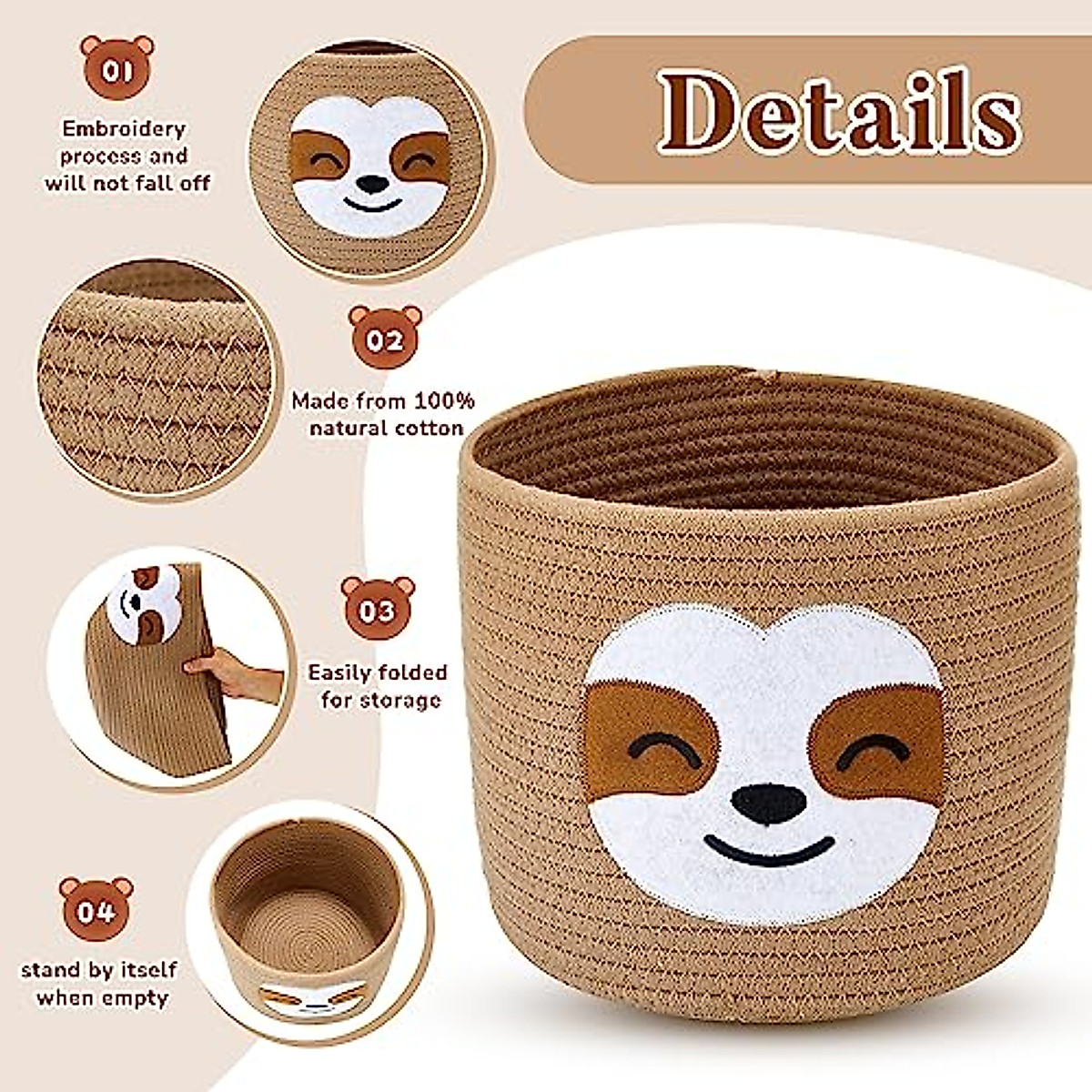 Kigeli 2 Pcs Sloth Small Woven Basket Storage Basket Sloth Basket Cotton Rope Baskets for Storage Baby Basket for Nursery Room Decor Diaper, Blankets, Toy Organizer